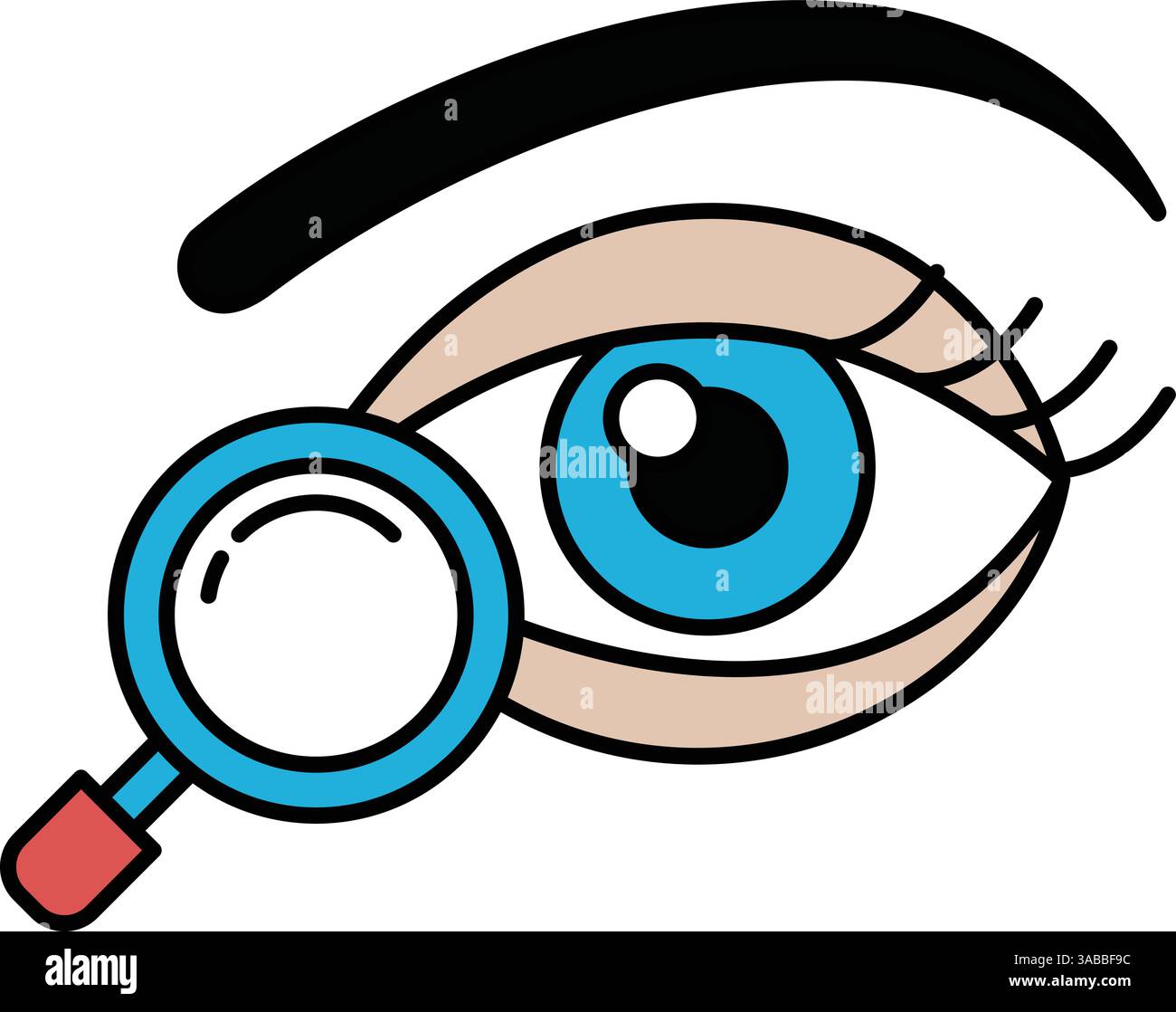 A cartoon eye with a magnifying glass over it. The eye is blue and the ...