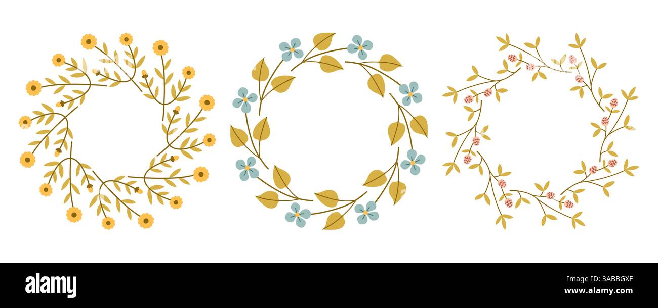 Spring flower circle frame set. Floral circle frame. Hand drawn ...