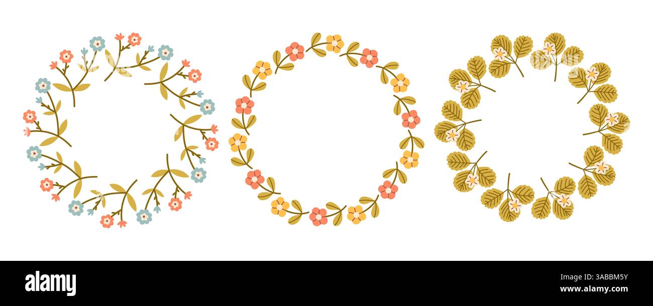 Spring flower circle frame set. Floral circle frame. Hand drawn ...