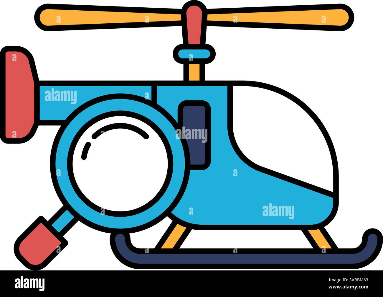 A blue helicopter with a red nose and yellow tip. The helicopter is ...