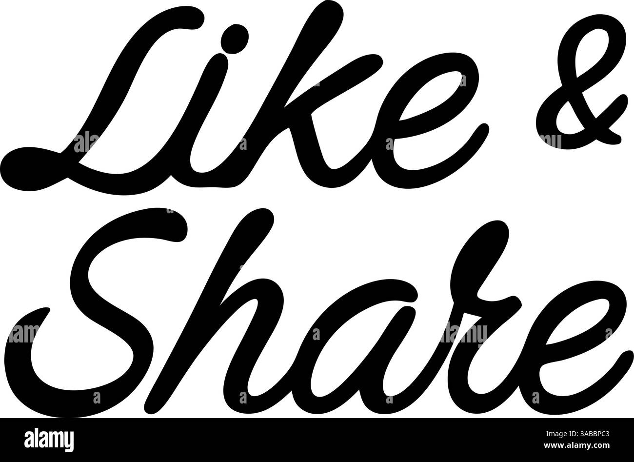 Handwritten like and share script text isolated on white background ...