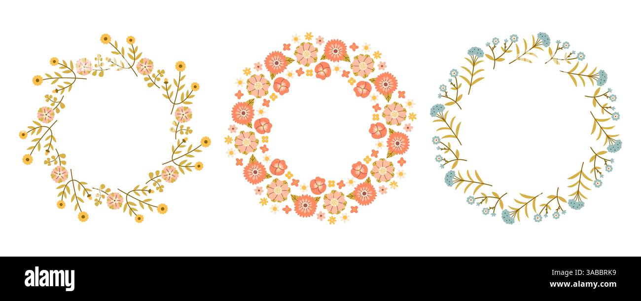 Spring flower circle frame set. Floral circle frame. Hand drawn ...