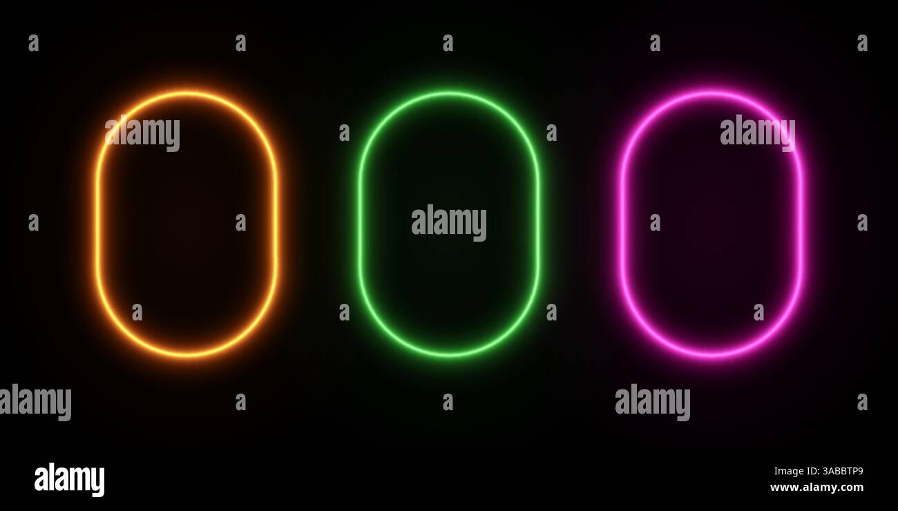 Neon light of a rectangle rounded frame. LED glow of a portal. Set of ...