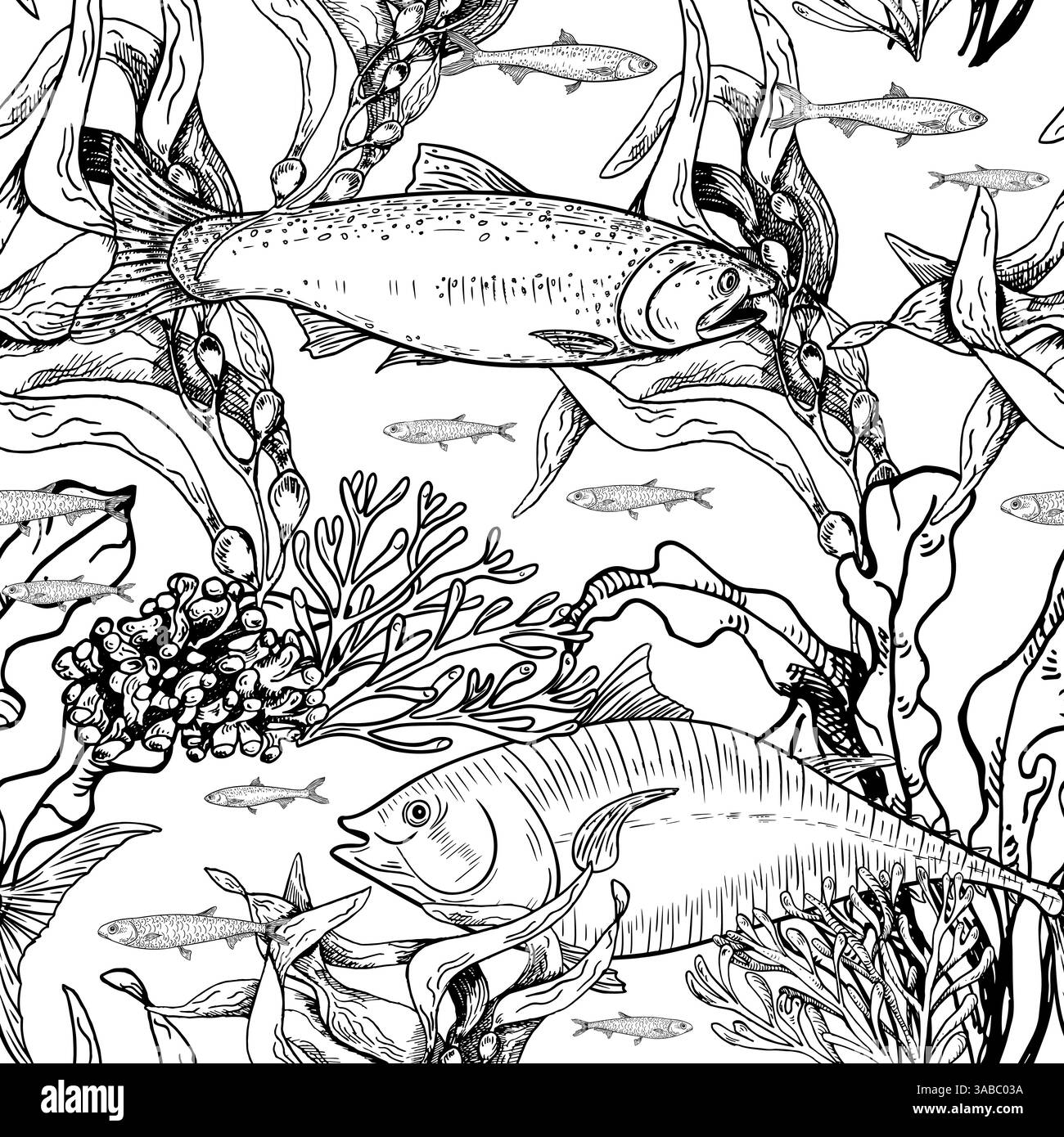 Trout fish, tuna, seaweed, and coral reefs monochrome vector seamless ...