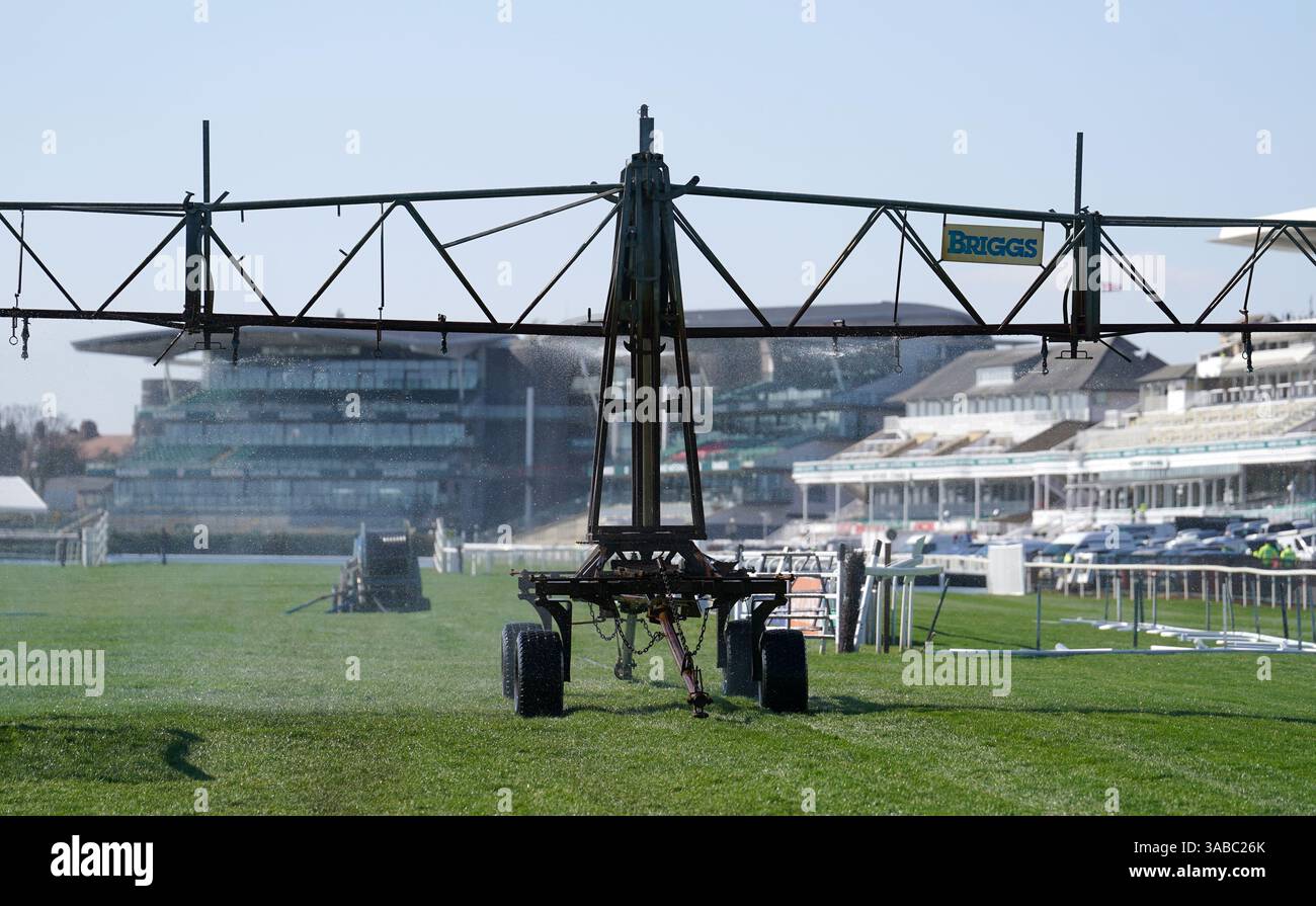 The grass is watered at Aintree Racecourse in Liverpool ahead of the ...
