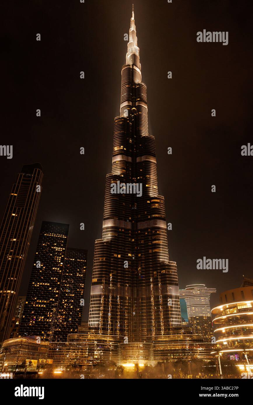 Burj Khalifa skyscraper in the night. Bottom view Stock Photo - Alamy