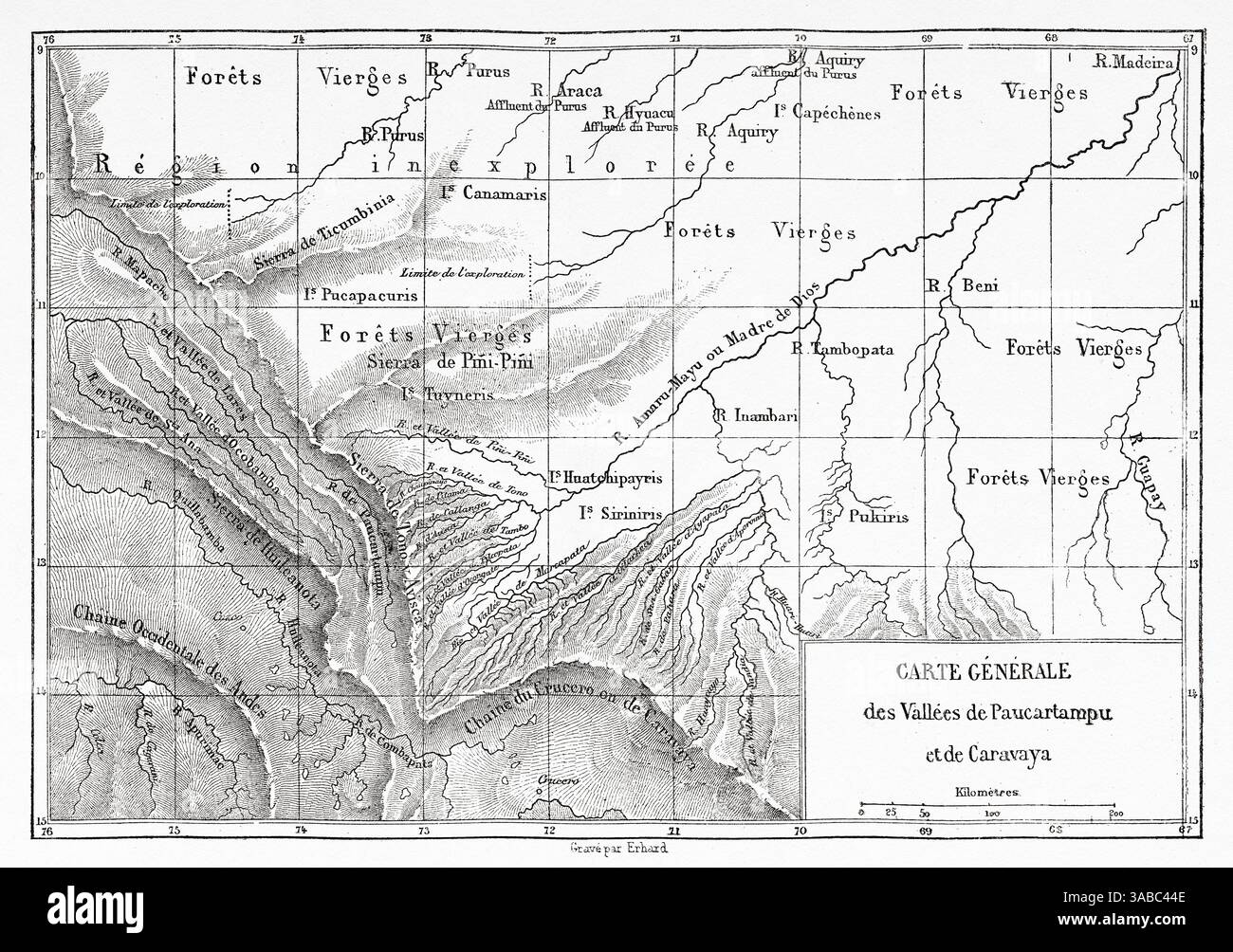 Old map of the Paucartambo valley and the Carabaya valley, Peru. South ...