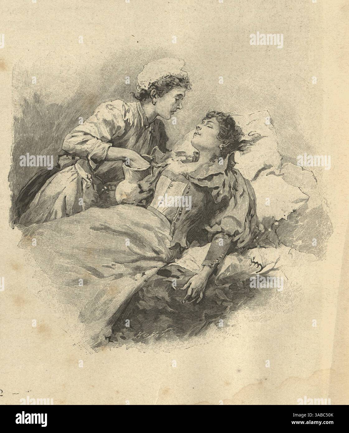 Nurse caring for a sick woman who has fainted, French, La Rise de ...