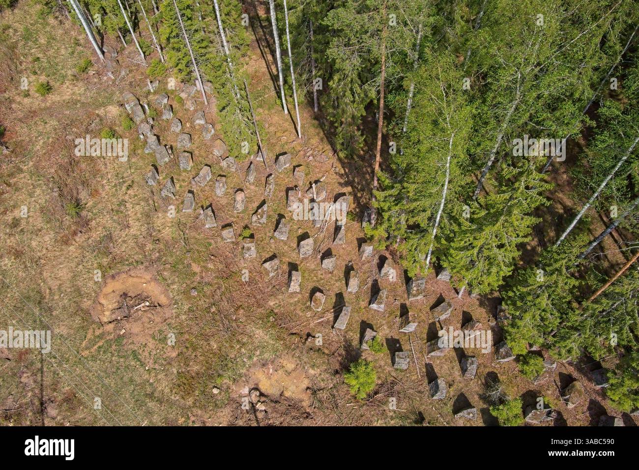 Aerial view of Finnish anti tank boulders near bunke B166 at Salpa Line ...