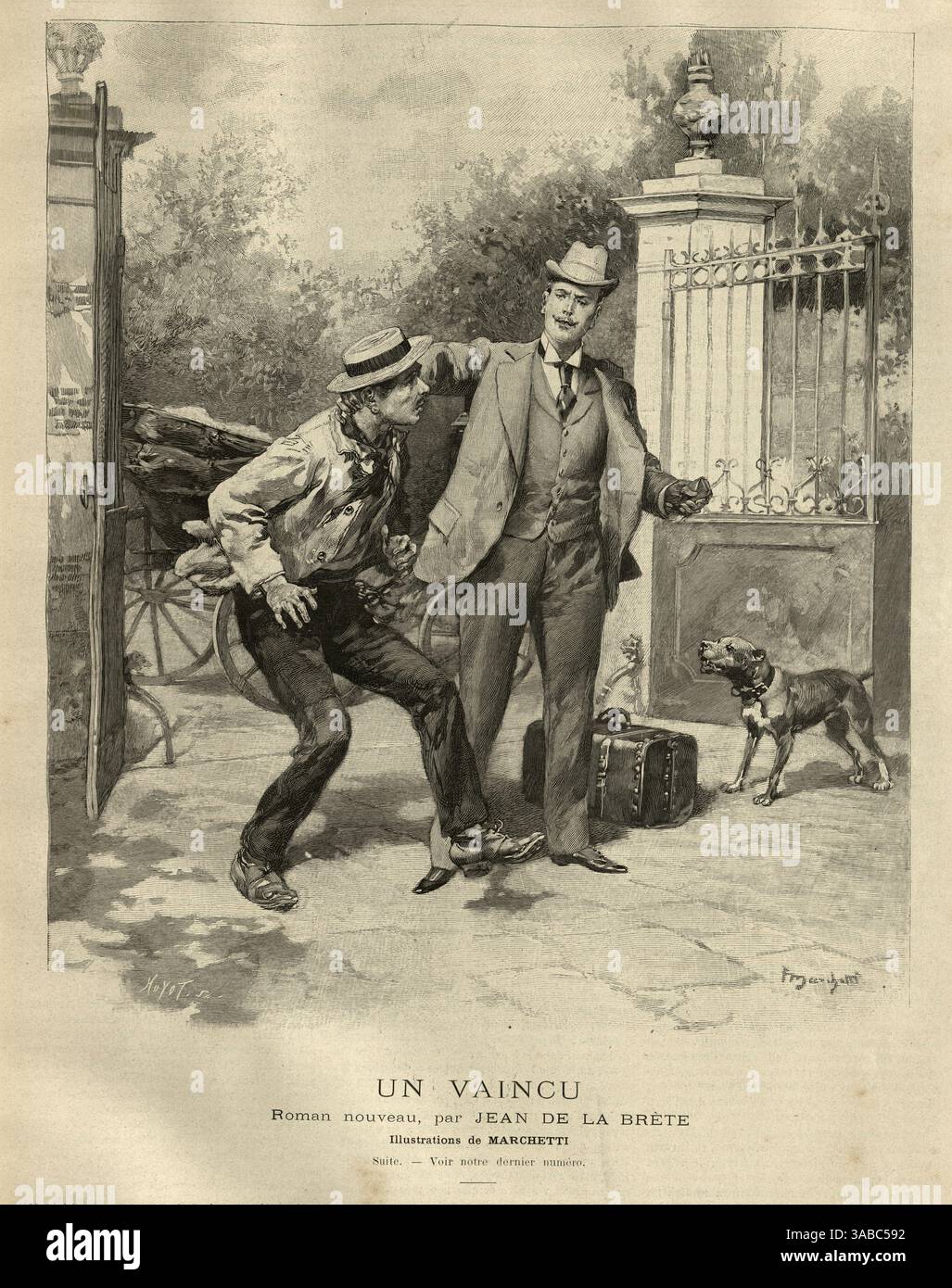 Man, Passenger arguing with his carriage driver, luggage, dog, French ...