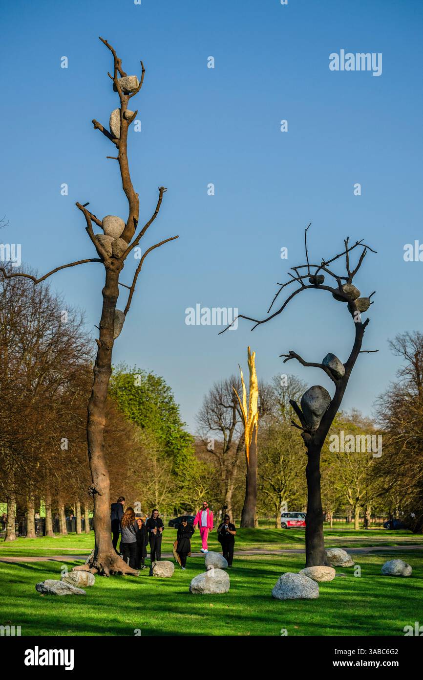 London, UK. 1 Apr 2025. Albero folgorato (Thunderstruck Tree), 2012 with, in the foreground ...