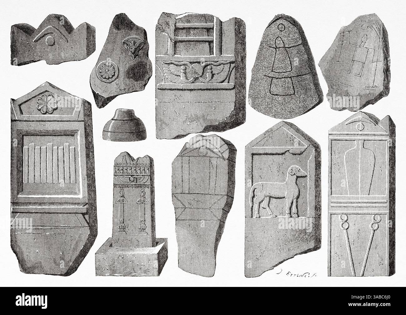 Phoenician antiquities. Tunisia, North Africa. Drawing by Emile Therond ...