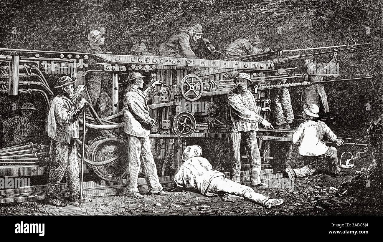 Machine used in the drilling of the Alps tunnel, Switzerland. Drawing ...
