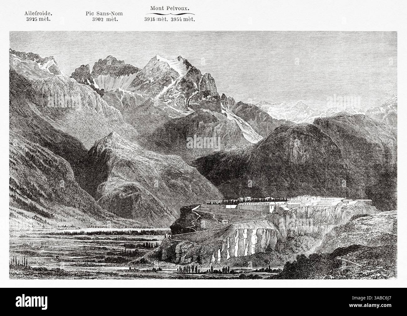 Pelvoux and Ailefroide seen from Mont-Dauphin, Switzerland. Drawing by Emile Metzmacher (1815 ...