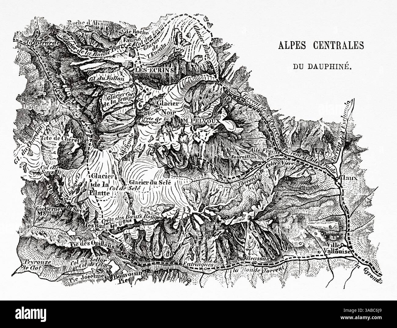 Old map of the Central Alps, Switzerland. Drawing by Emile Metzmacher ...