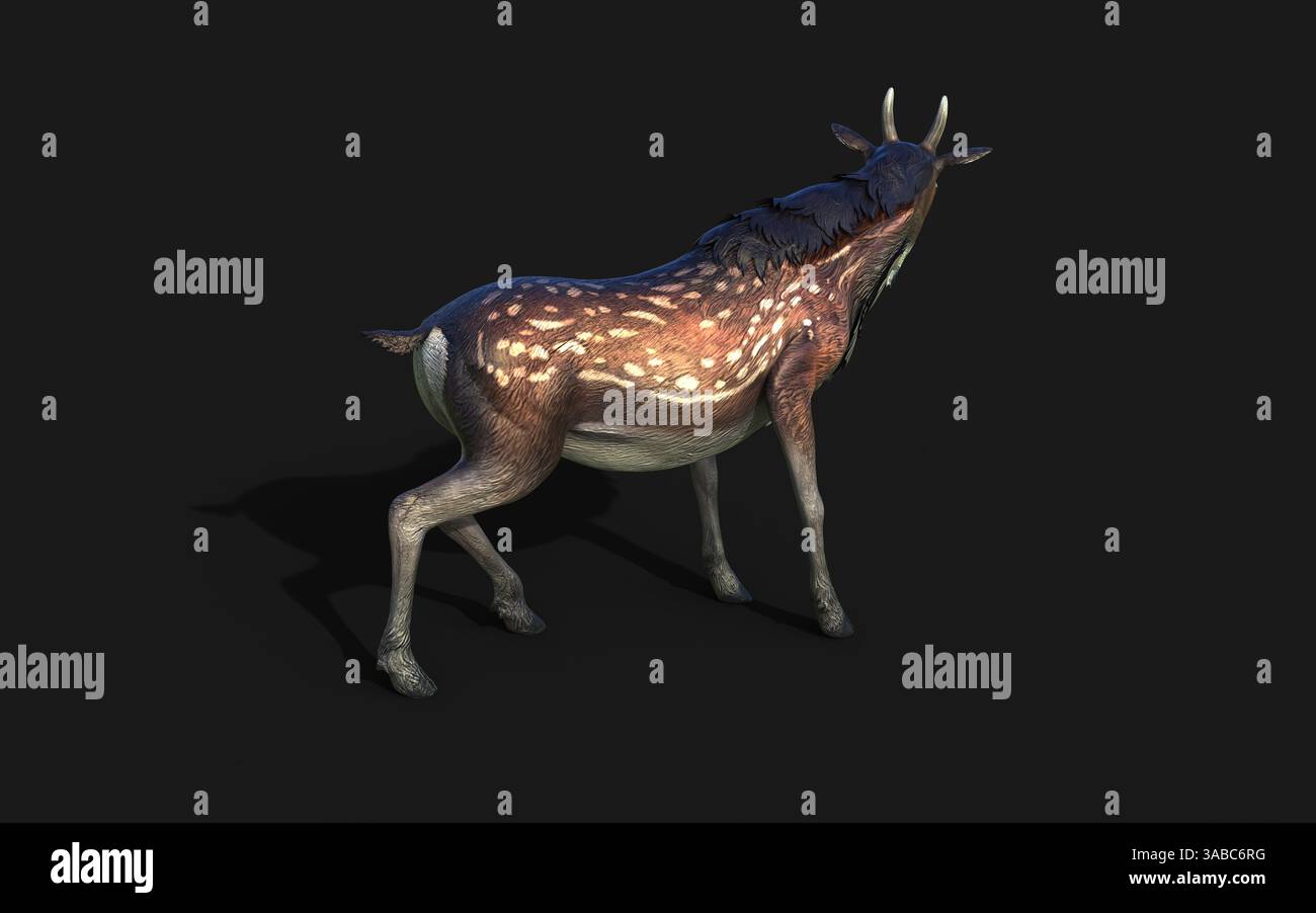 A majestic giant deer gracefully leaps, its golden antlers glowing ...