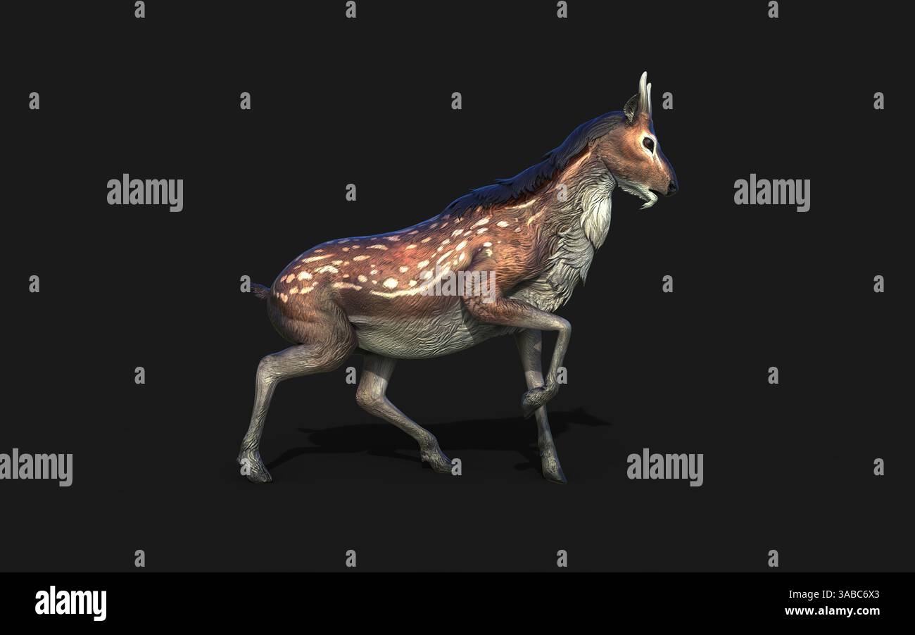 A majestic giant deer gracefully leaps, its golden antlers glowing ...