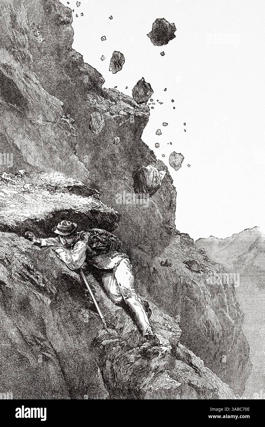 Rock avalanche on the Matterhorn, Switzerland. Drawing by Emile ...