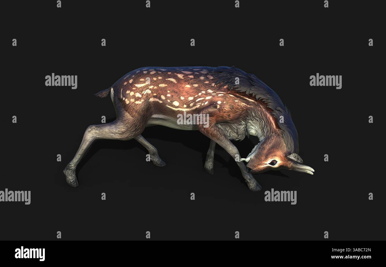 A majestic giant deer gracefully leaps, its golden antlers glowing ...