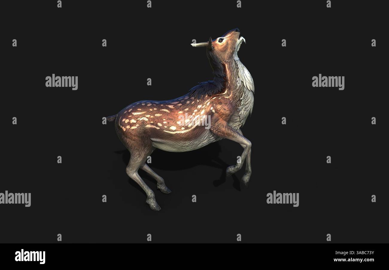 A majestic giant deer gracefully leaps, its golden antlers glowing ...