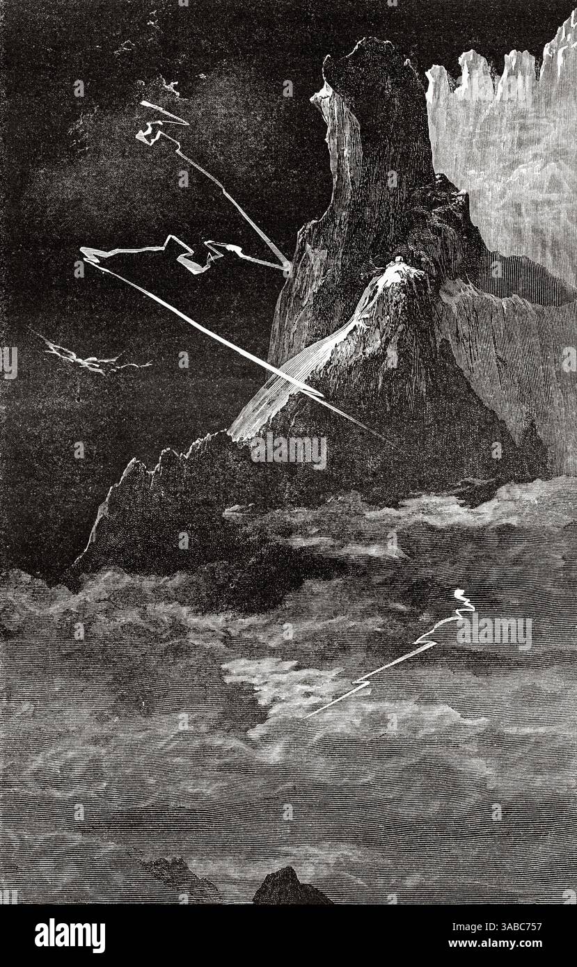 A storm on Mount Matterhorn, Switzerland. Drawing by Emile Metzmacher ...