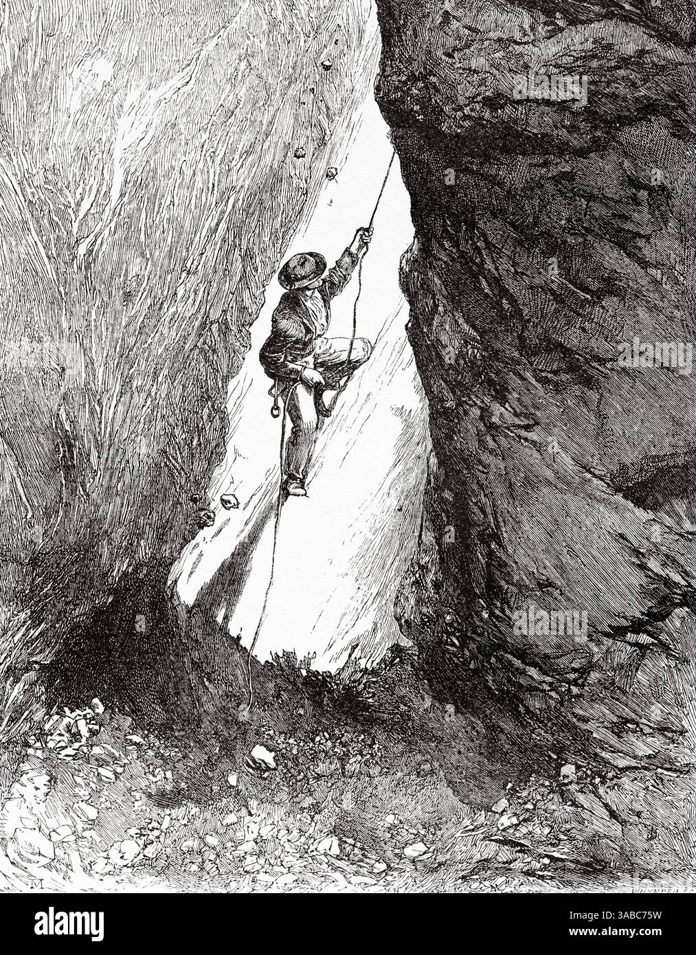 The Matterhorn Chimney, Switzerland. Drawing by Emile Metzmacher (1815 - 1890) Scrambles amongst ...