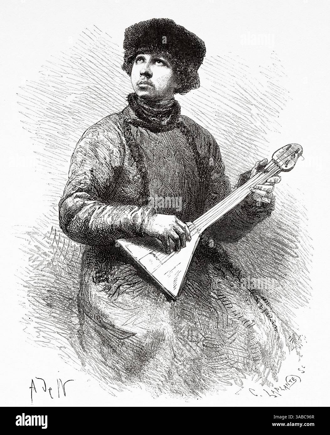 Russian village musician playing a traditional balalaika, Russia ...