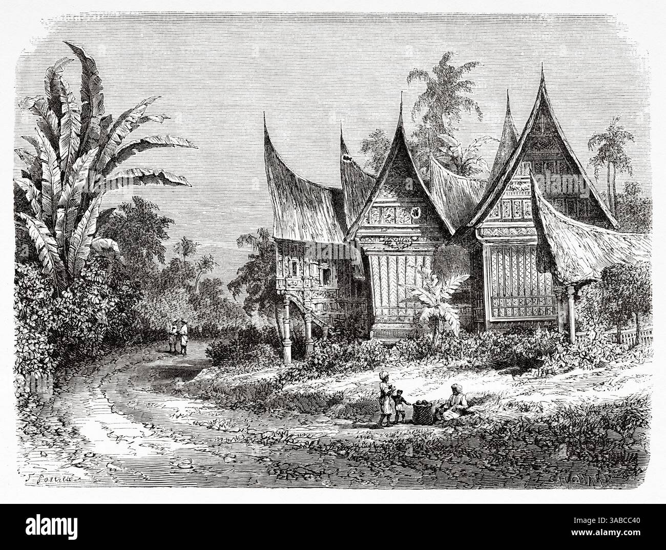 The house of a leader in Sumatra Island. Indonesia, Asia. Drawing by ...