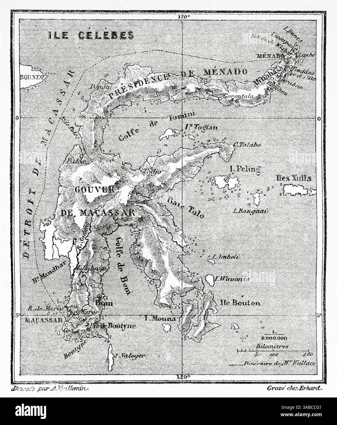 Old Map of Sulawesi island. Indonesia, Asia. Voyage to the Malay ...