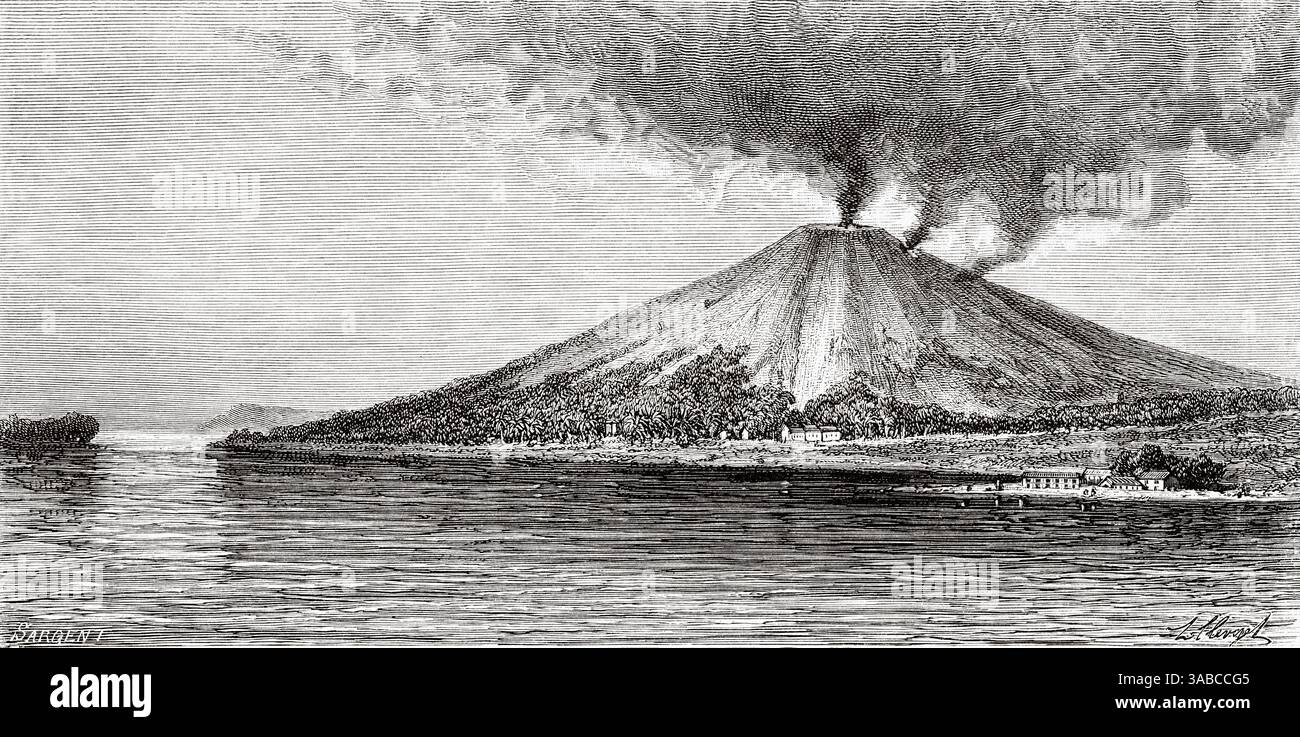 Banda Api volcano, Banda Islands. Indonesia, Asia. Drawing by Hubert ...