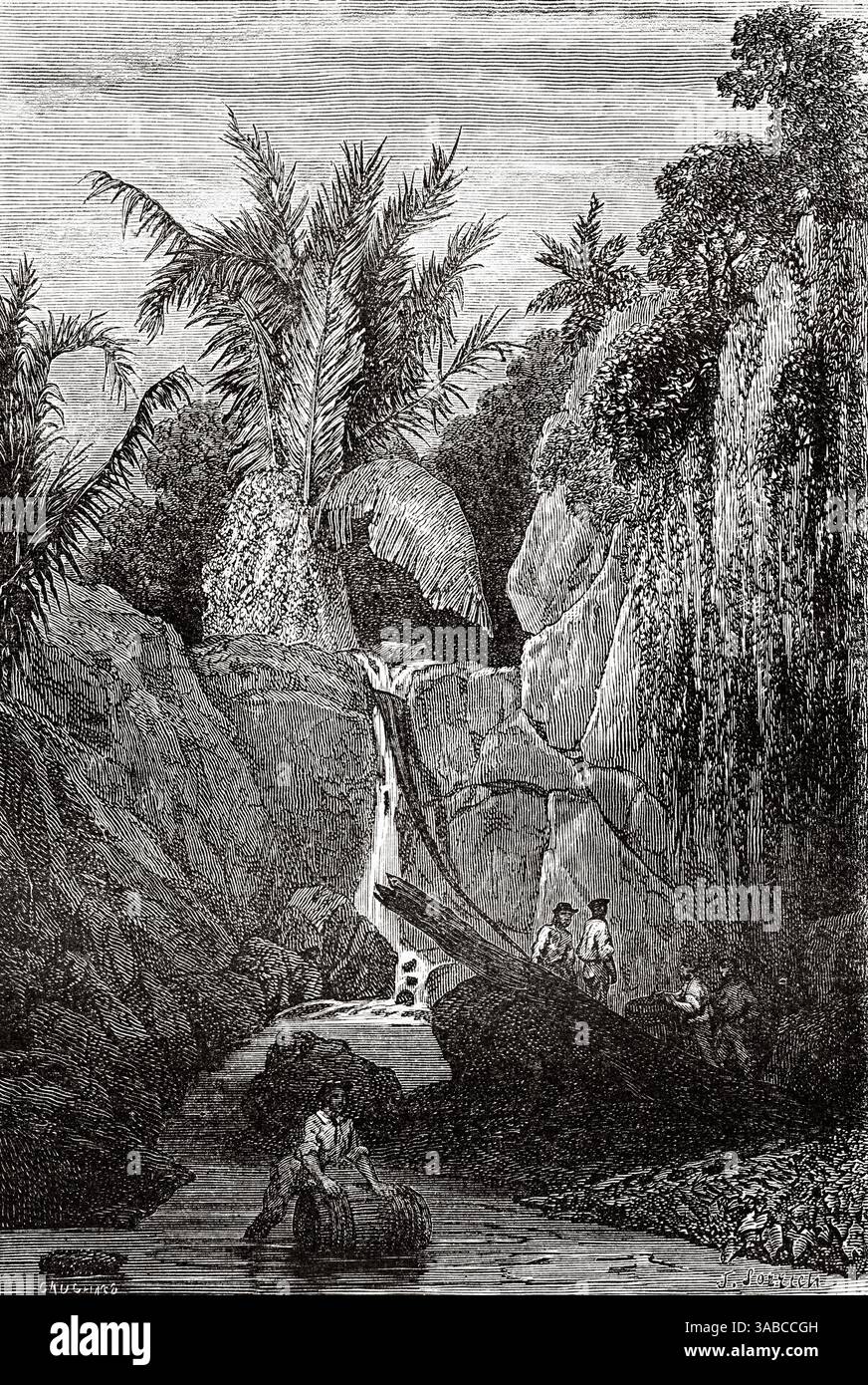 Waterfall, Ambon Island, Moluccas Archipelago. Indonesia, Asia. Drawing ...