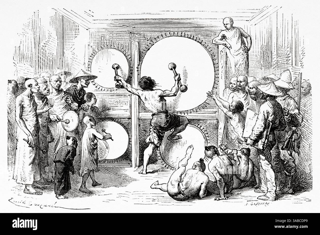 Vietnamese beating a gong in Muong Pang, commune and village in Dien ...