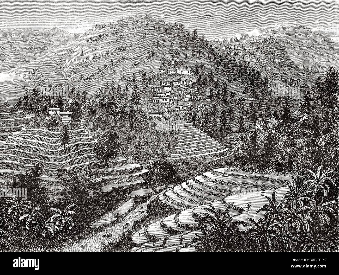 Village and tiered rice paddies mountain in Pou-eul in Yunnan province ...