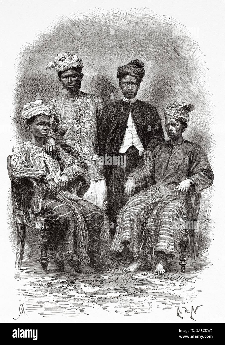 Men of Talain etnicity, Indochina Peninsula. Southeast Asia. Drawing by ...