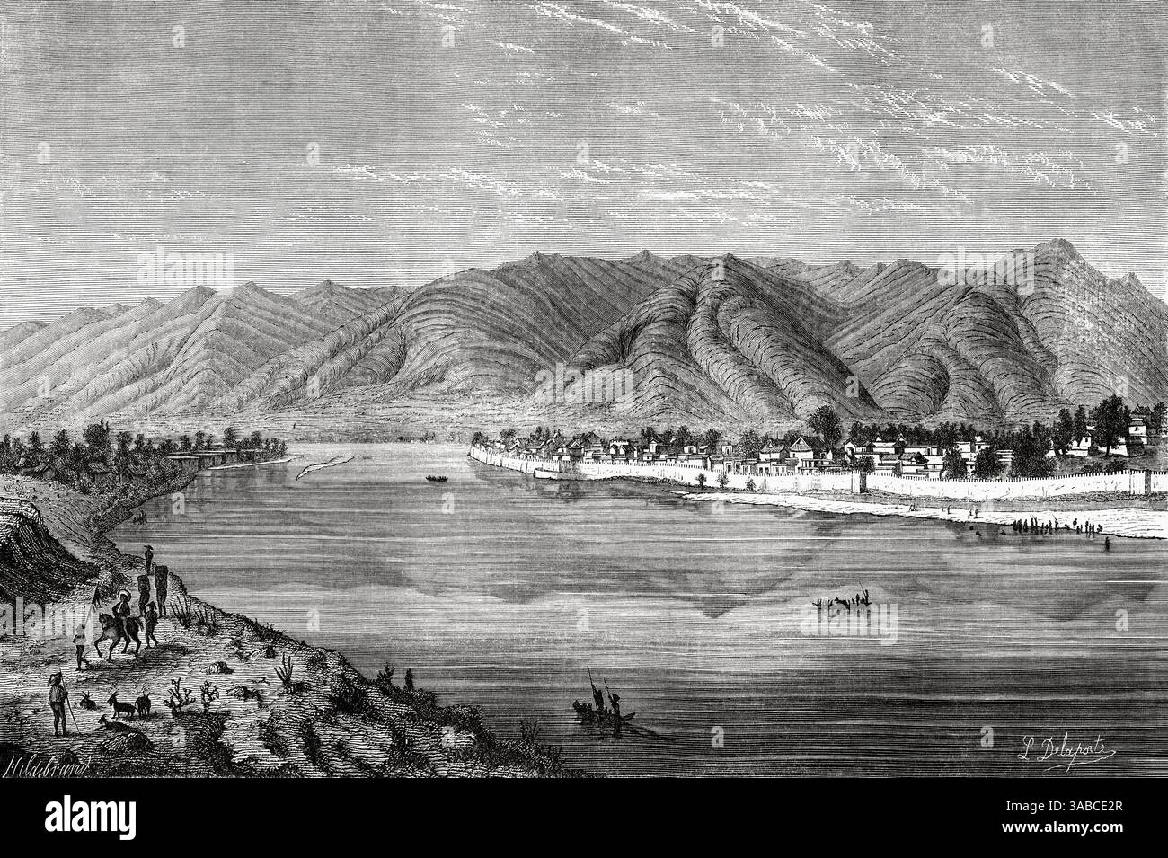 The town of Yuen-kiang and the Tongking River, China, Asia. Drawing by ...