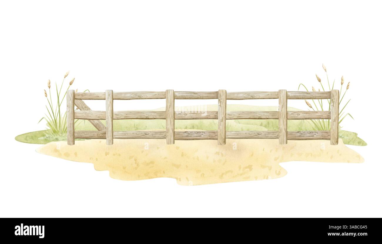 Horizontal farm fence with gate on sand ground with fiels grass ...