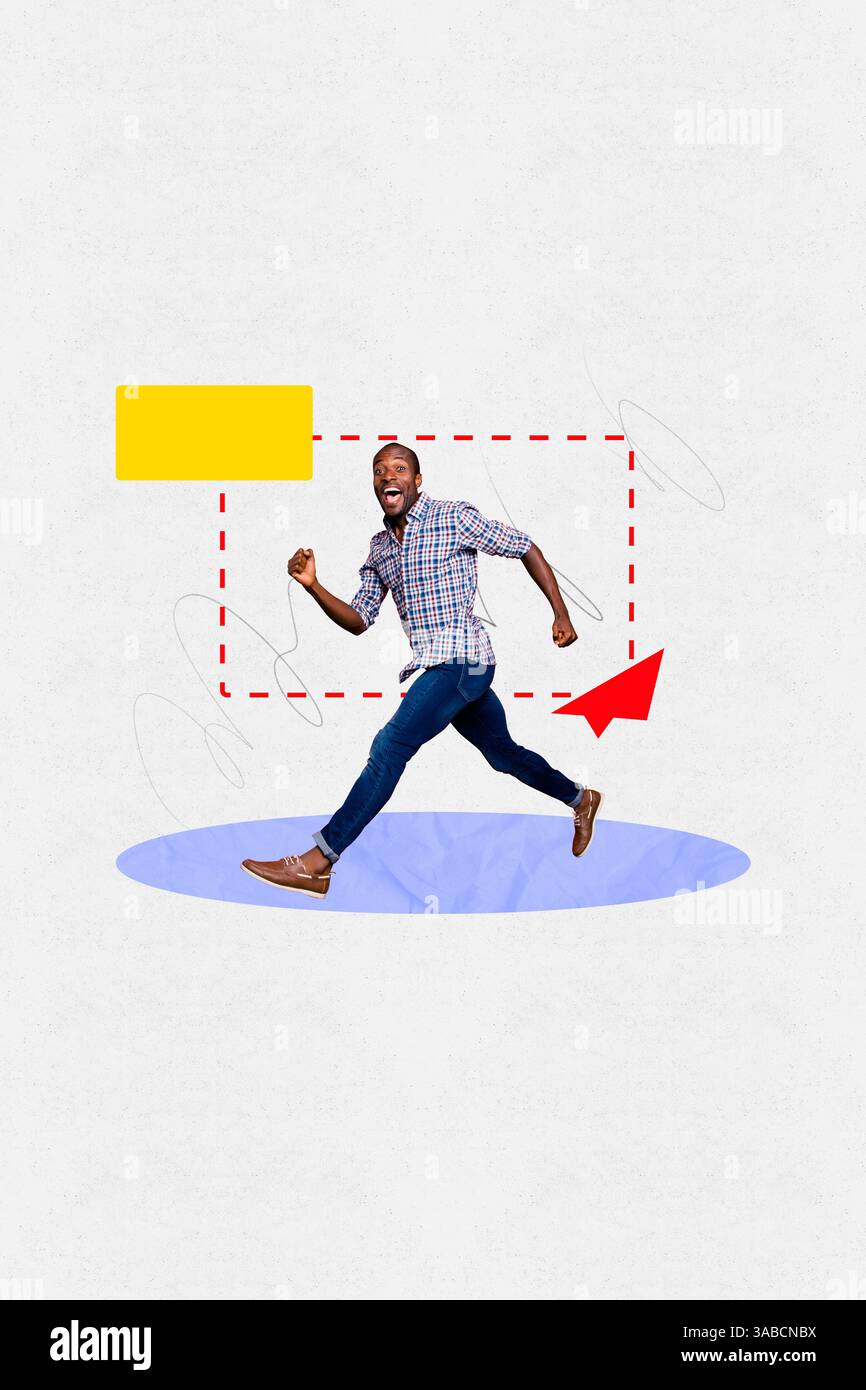 Creative poster collage of young guy run fast on white color background ...