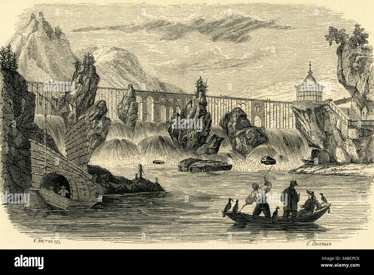 Majestic aqueduct under a dramatic sky with rocky outcrops and a lively ...