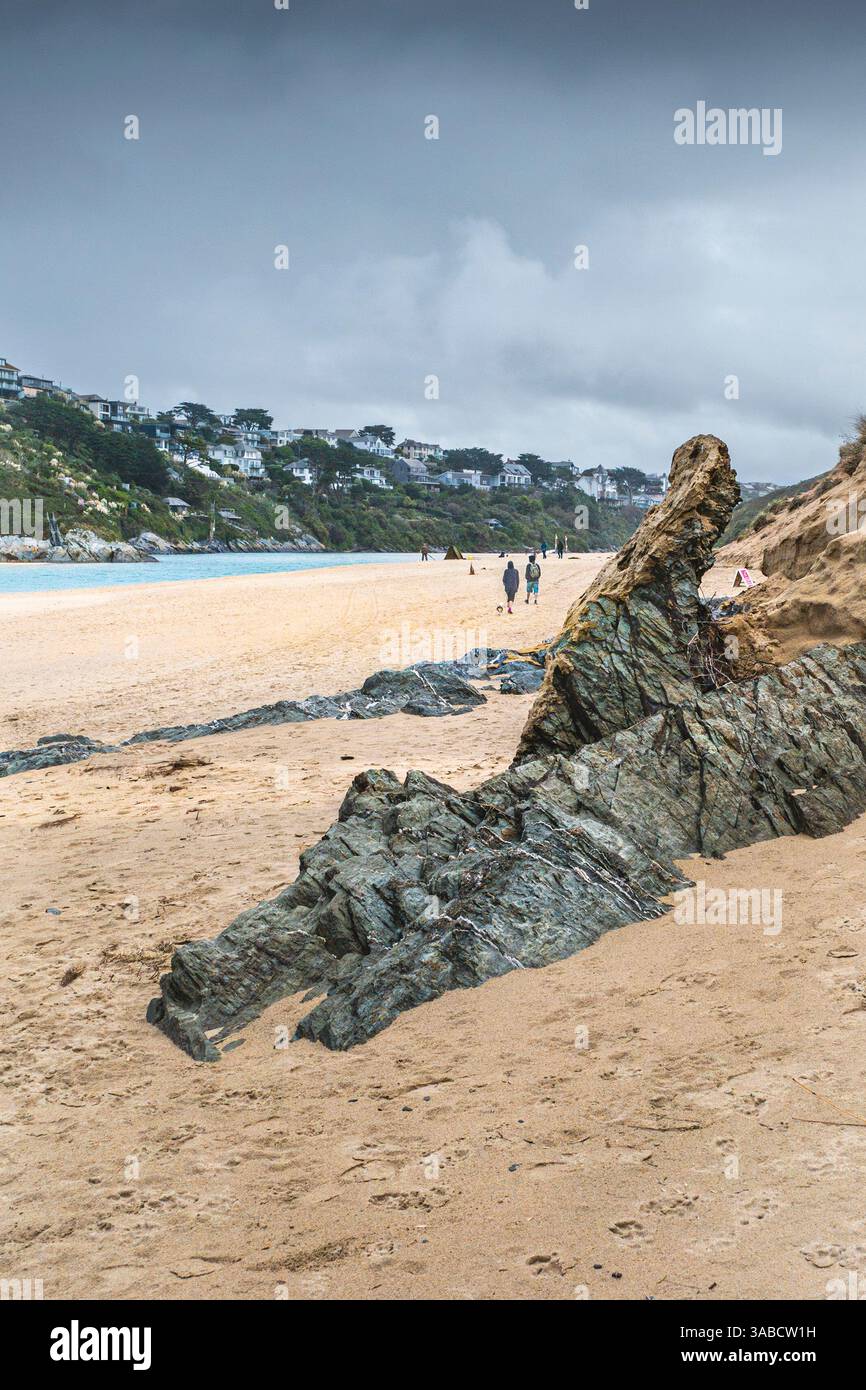 Rocks exposed by erosion of the sand dune system at Crantock Beach in ...