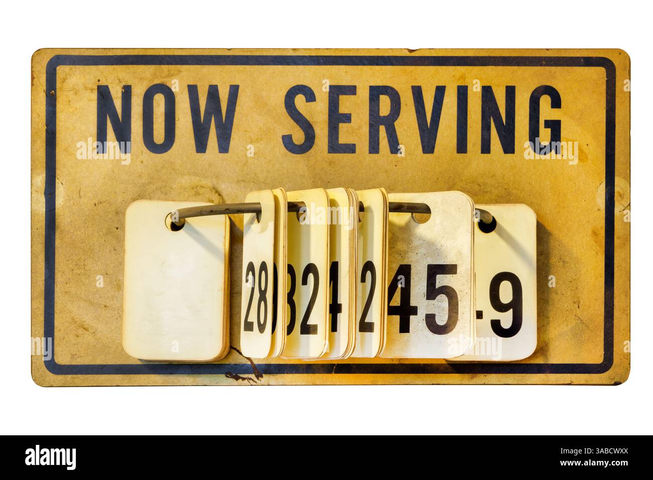 Antique Now Serving sign with numbers isolated on a white background ...
