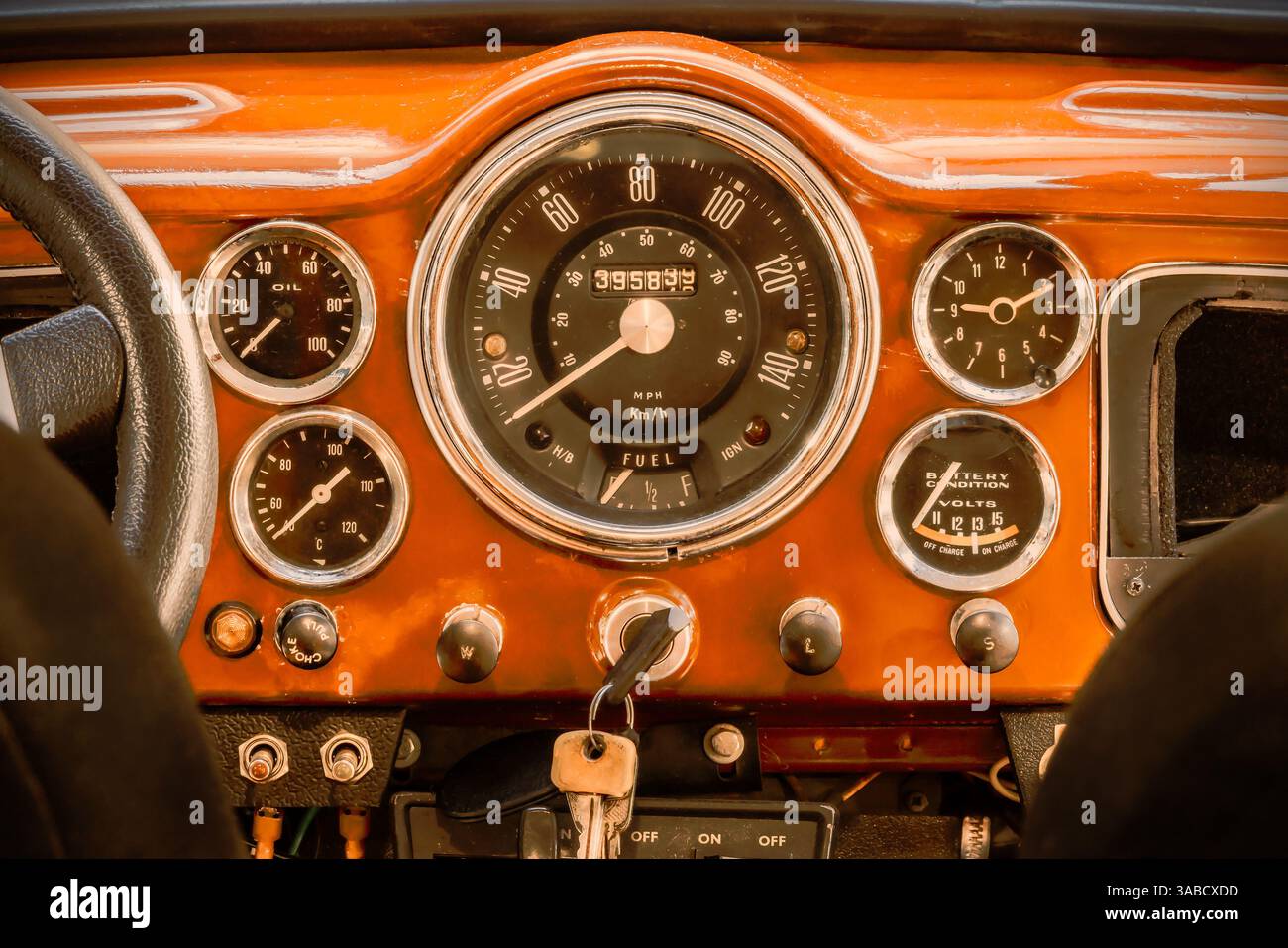Retro styled image of a dashboard with large speedometer of a British ...