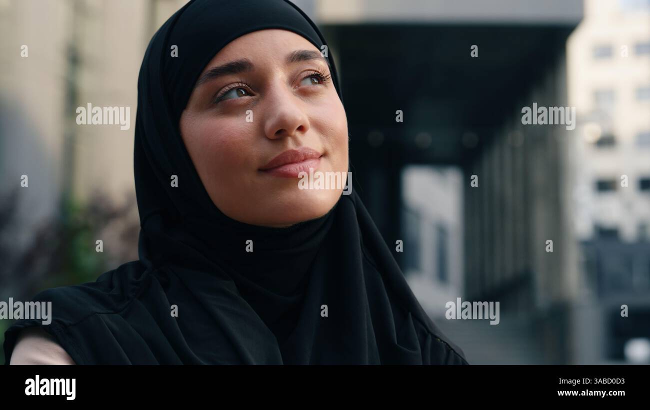 Portrait happy smiling dreaming inspired hopeful mindfulness Muslim ...