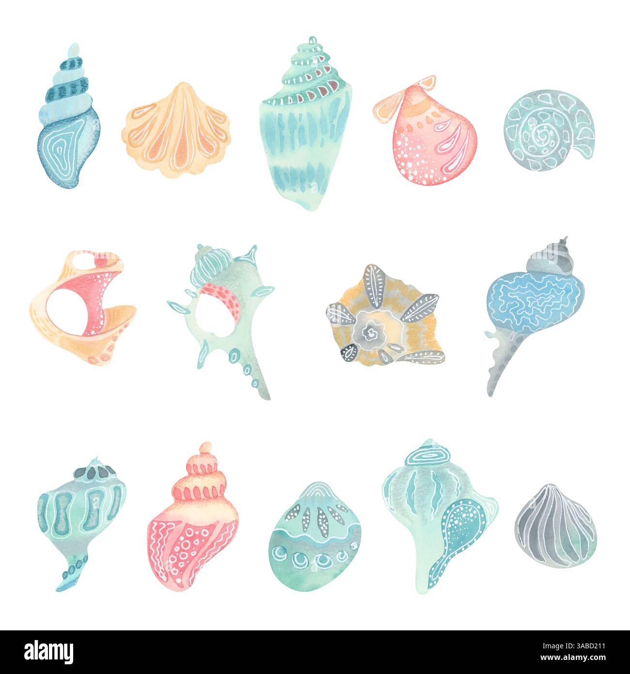 Watercolor decorative seashells collection - stylized ocean shells ...