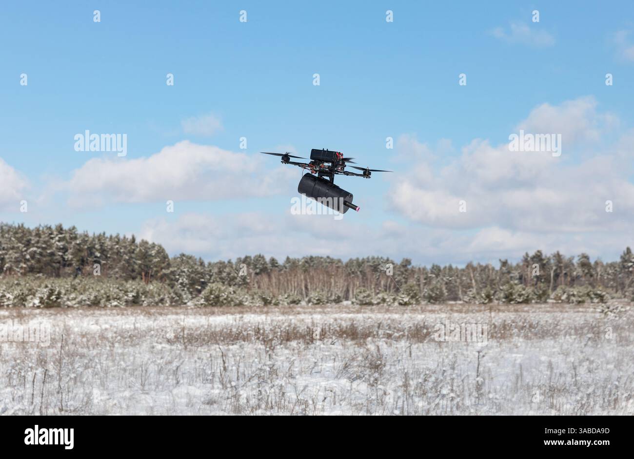 An FPV drone controlled via fibre optics is seen during a test flight ...