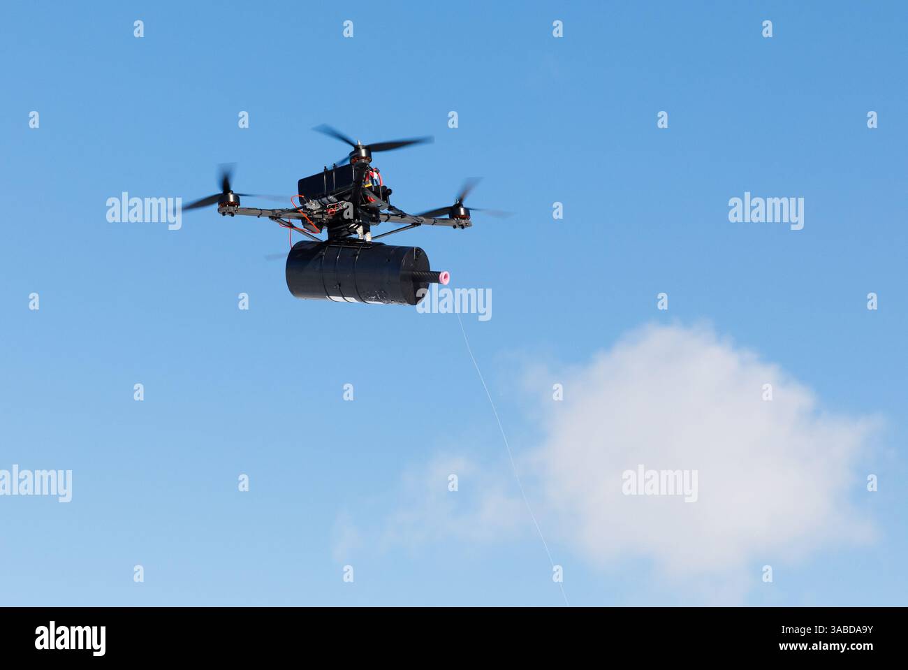 An FPV drone controlled via fibre optics is seen during a test flight ...