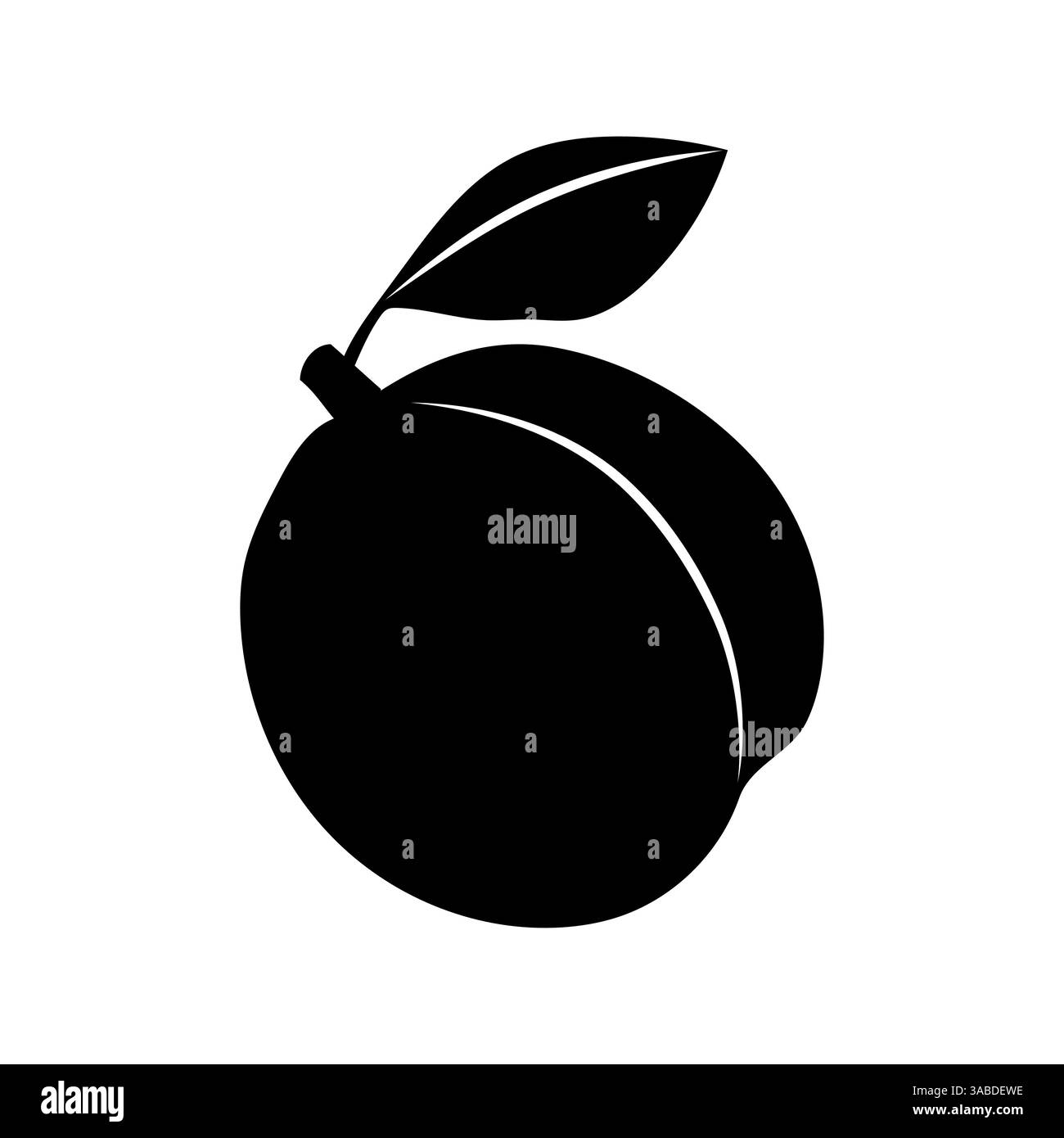 Black silhouette of a peach with a leaf on a white background showing ...
