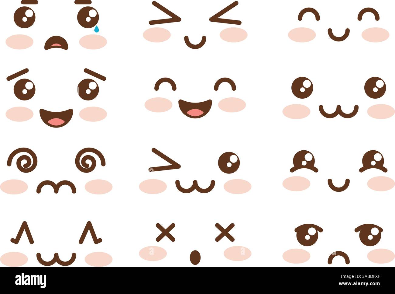 Set of cute kawaii emoticon doodles. Asian style cartoon face childish ...