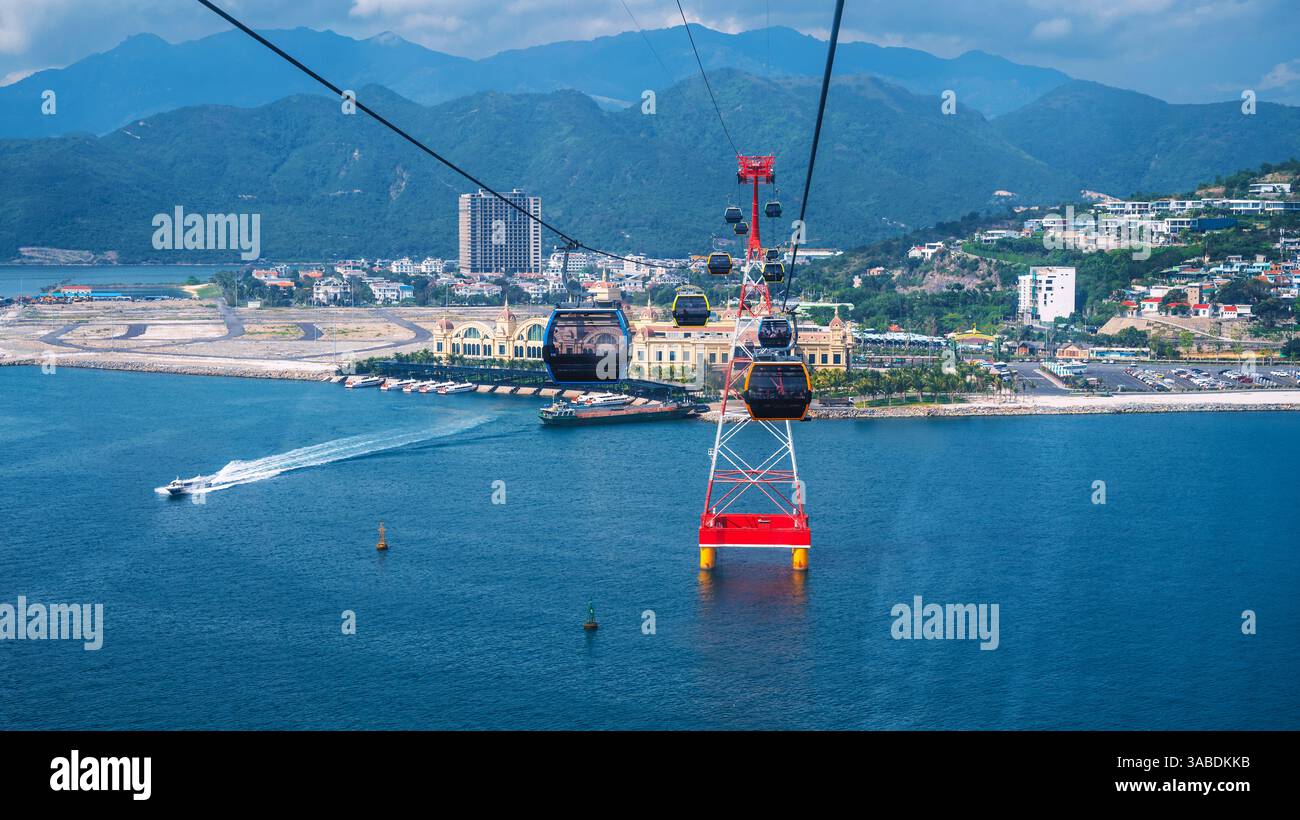 cable car ropeway cabins on cableway over the sea to Vinpearl Amusement ...