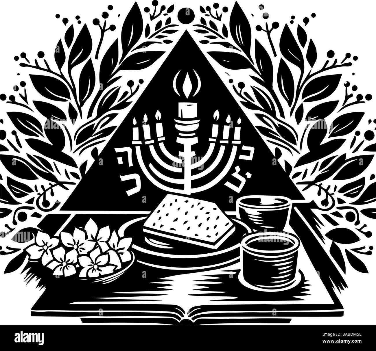 A stylized black and white illustration featuring Passover symbols like ...
