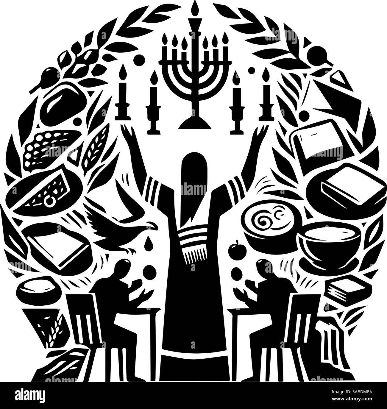 Stylized black and white illustration featuring Jewish religious ...